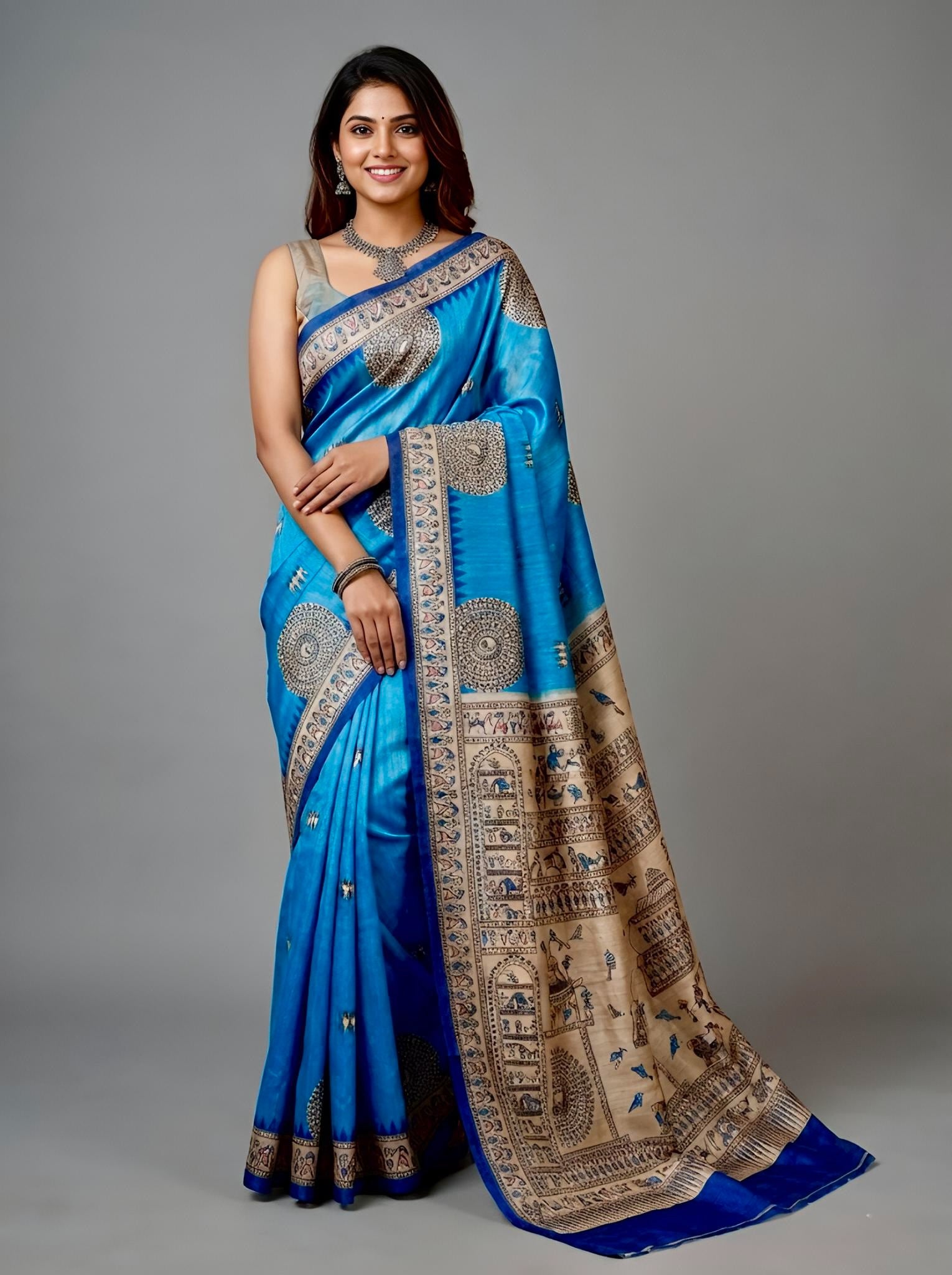 Kanvitha– Pure Tussar Warli Print Silk Saree(Silkmark certified) – Thugil